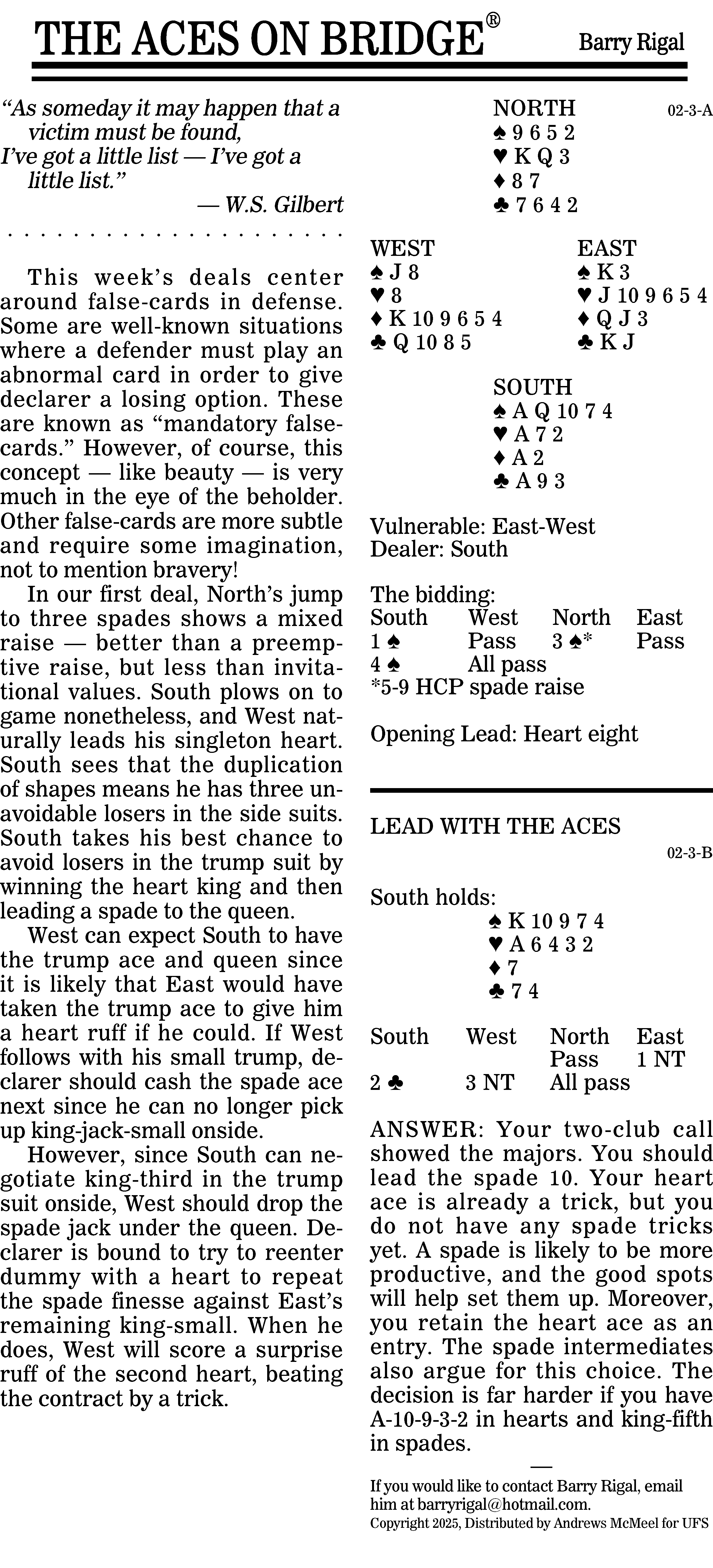 Aces on Bridge » Blog Archive » The Aces on Bridge: Monday, 3 March, 2025