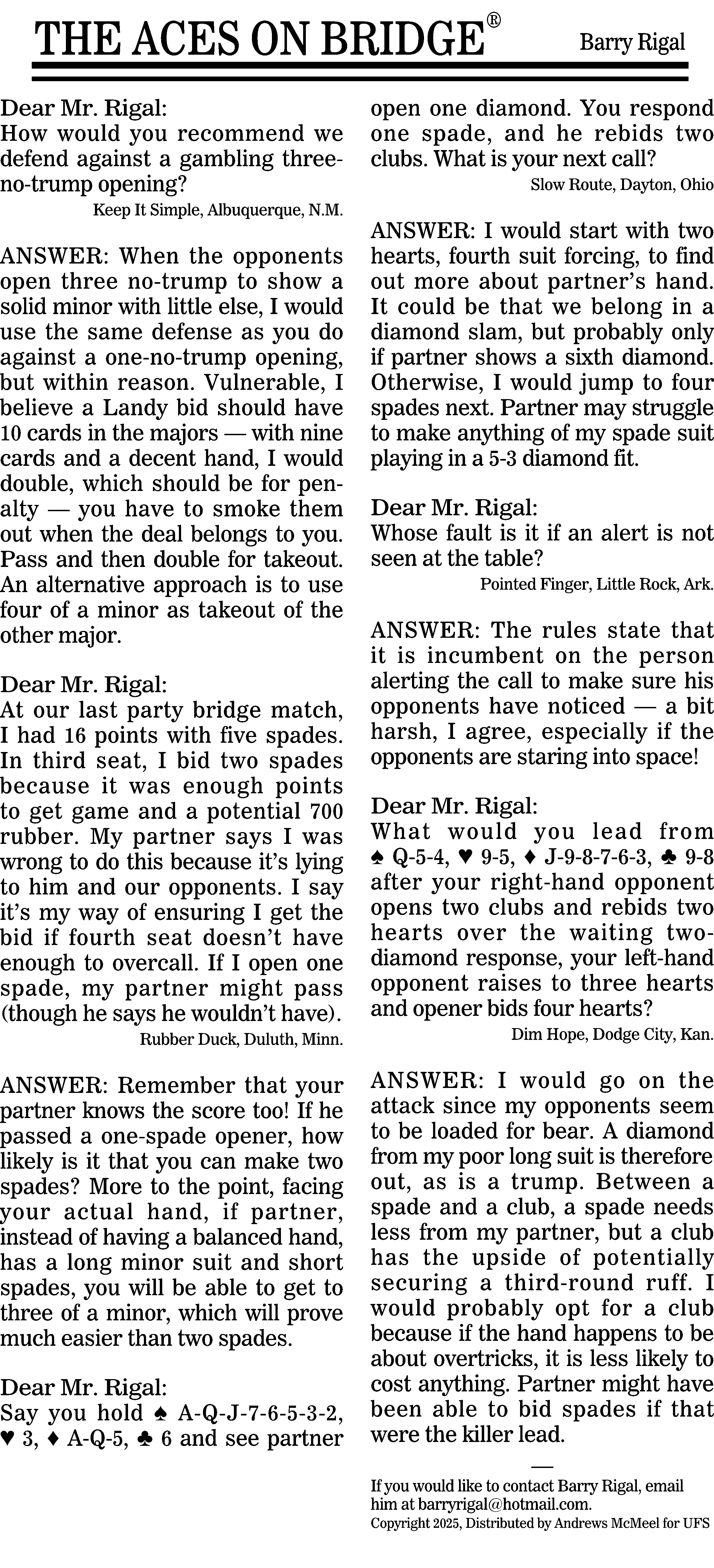 Aces on Bridge » Blog Archive » The Aces on Bridge: Sunday, 13 July, 2025