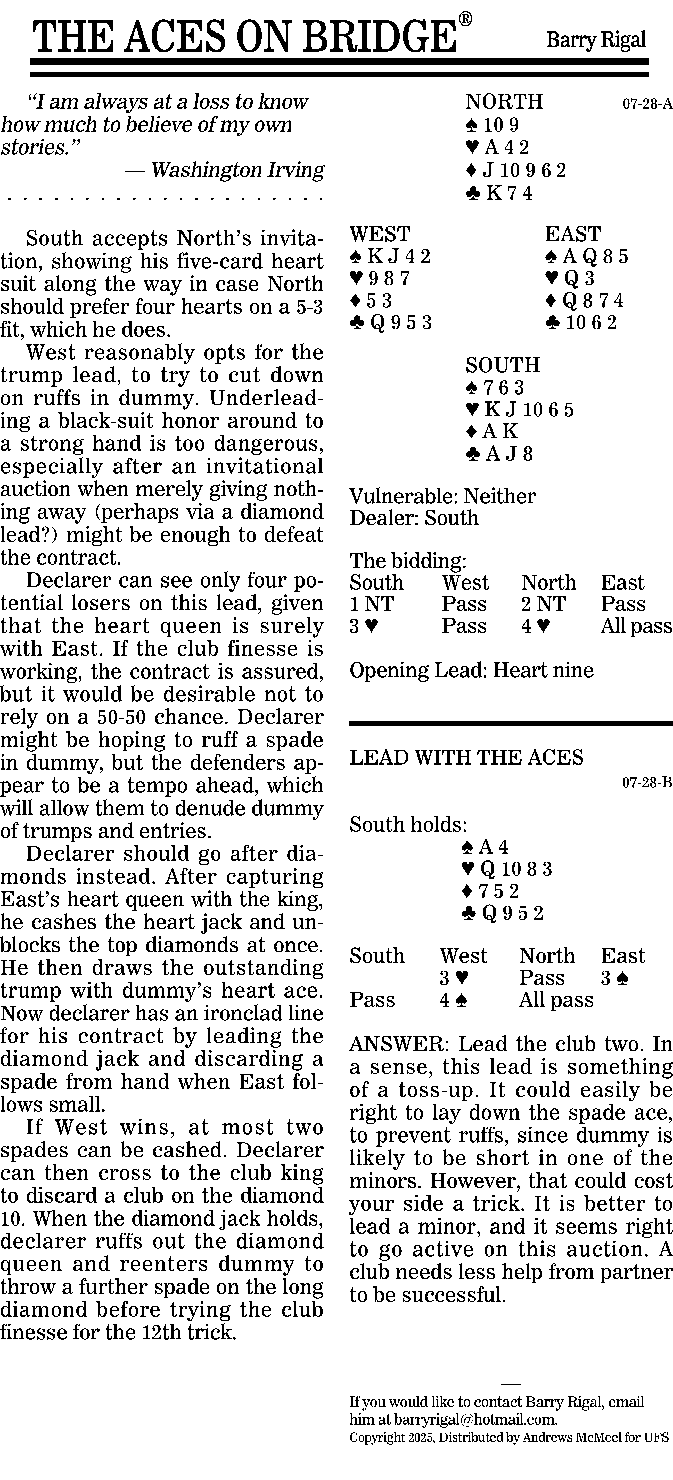 Aces on Bridge » Blog Archive » The Aces on Bridge: Monday, 25 August 2025