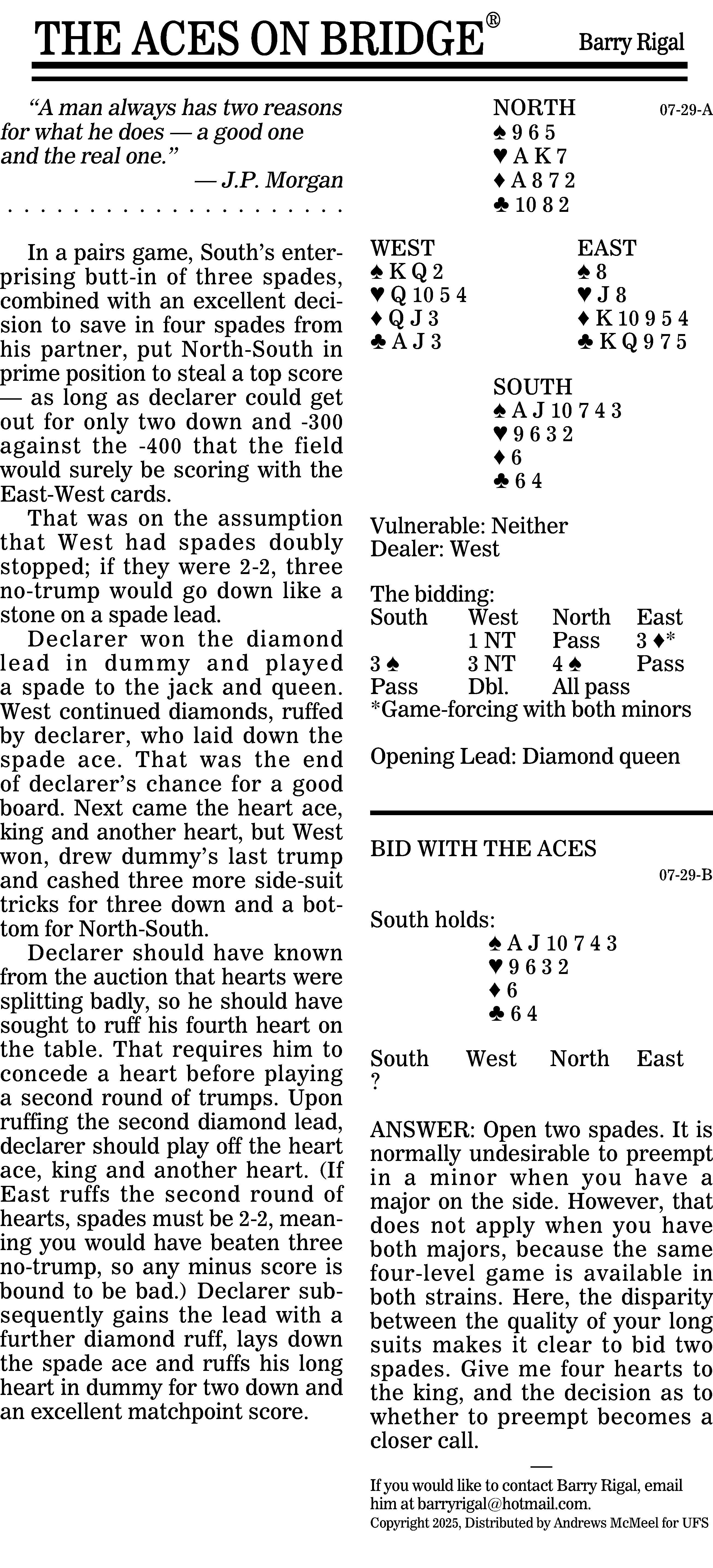 Aces on Bridge » Blog Archive » The Aces on Bridge: Tuesday, 26 August 2025