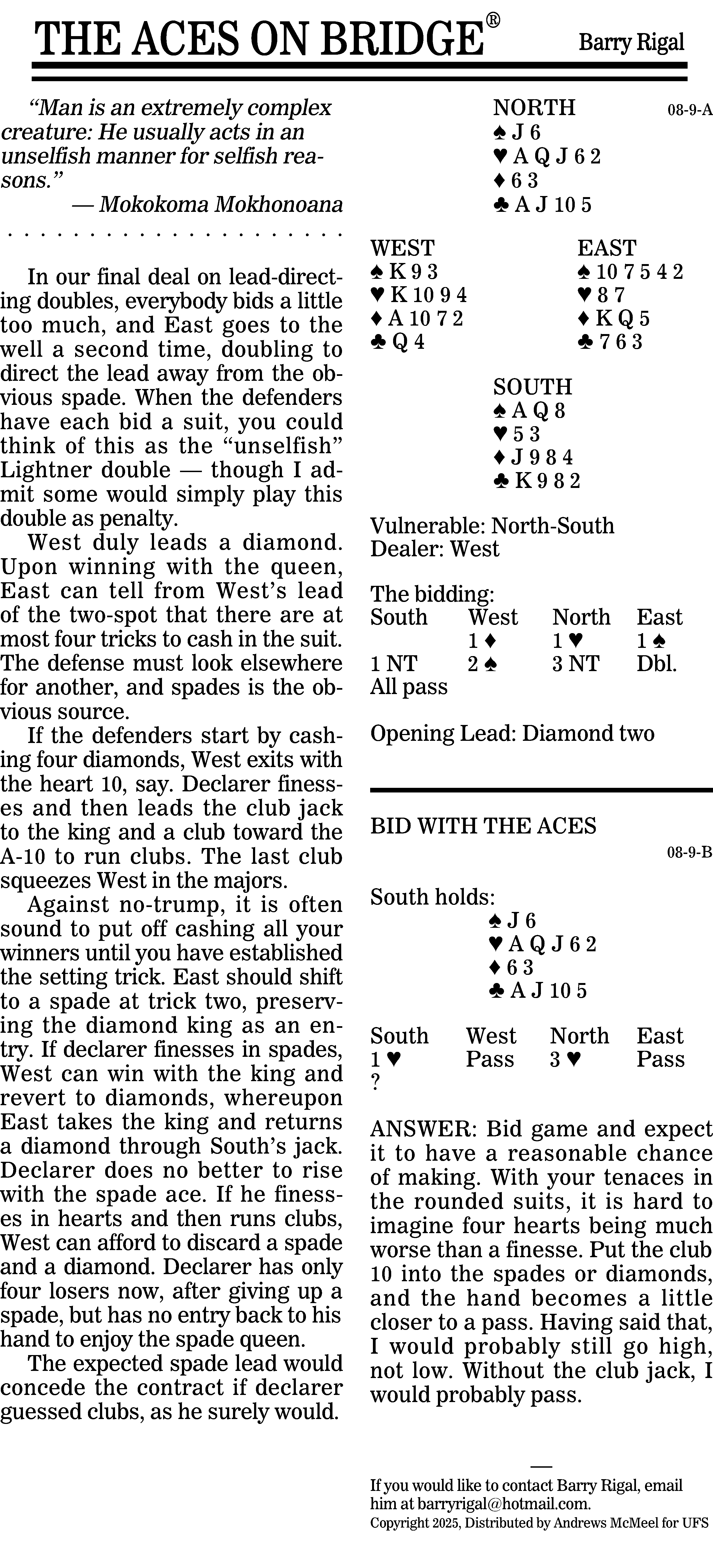 Aces on Bridge » Blog Archive » The Aces on Bridge: Saturday, 6 September 2025