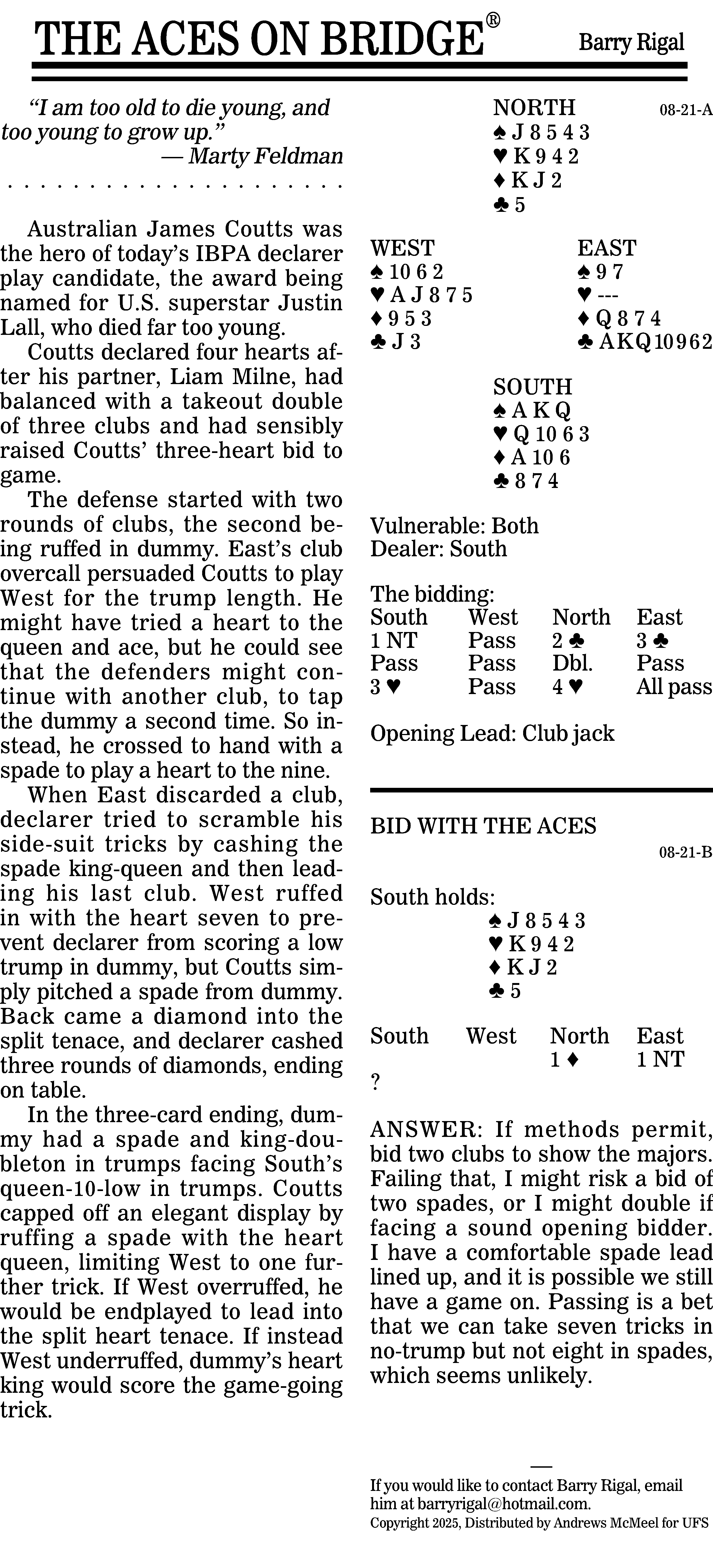 Aces on Bridge » Blog Archive » The Aces on Bridge: Thursday, 18 September 2025