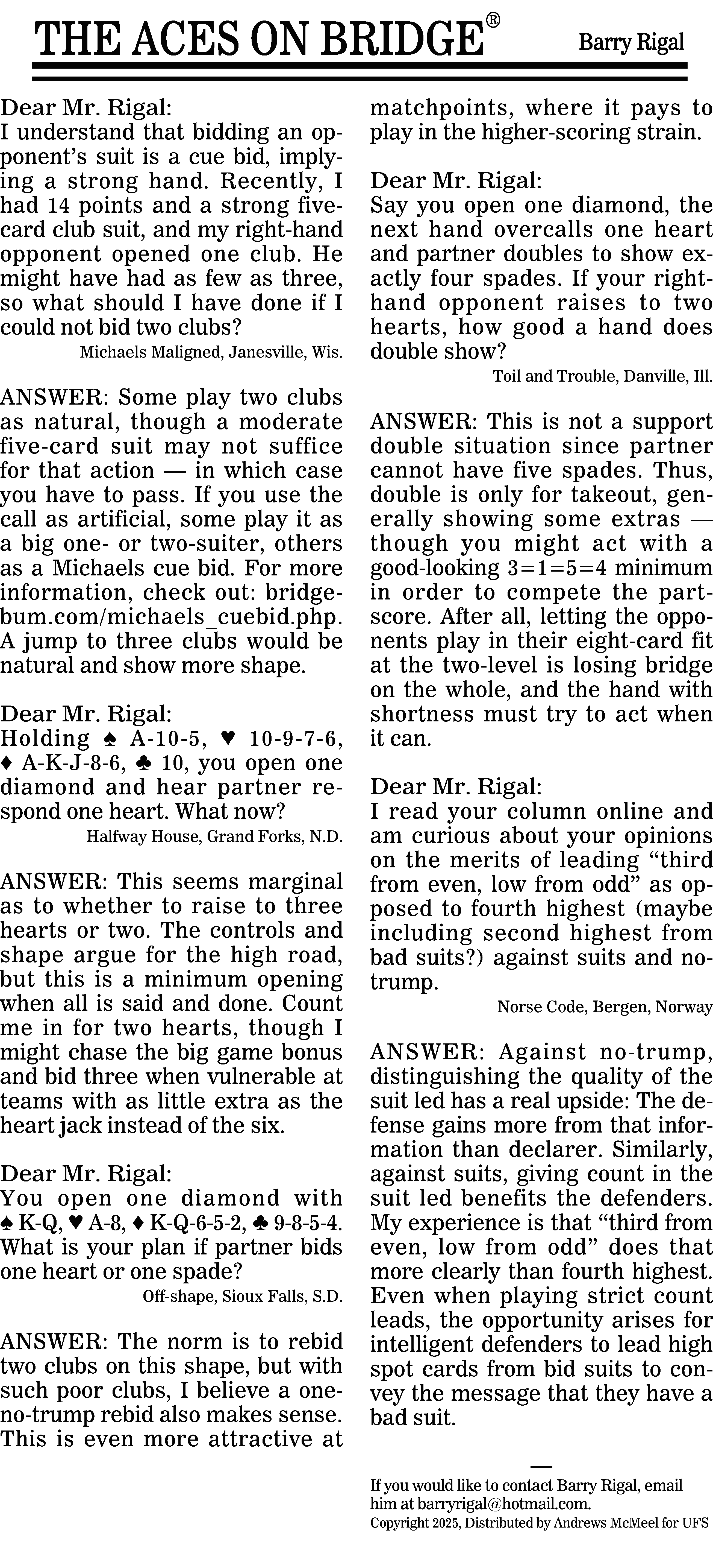 Aces on Bridge » Blog Archive » The Aces on Bridge: Sunday, 5 October 2025