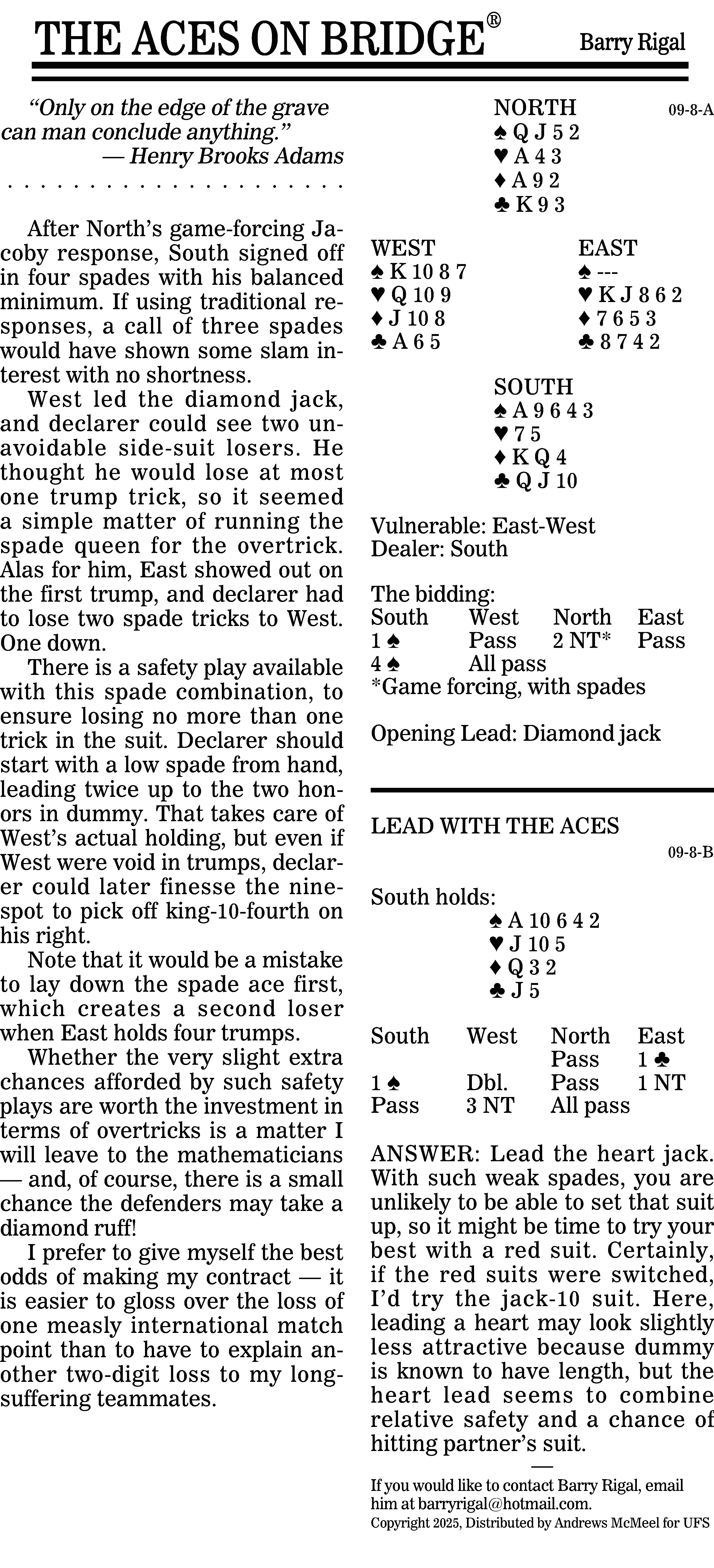 Aces on Bridge » Blog Archive » The Aces on Bridge: Monday, 6 October 2025