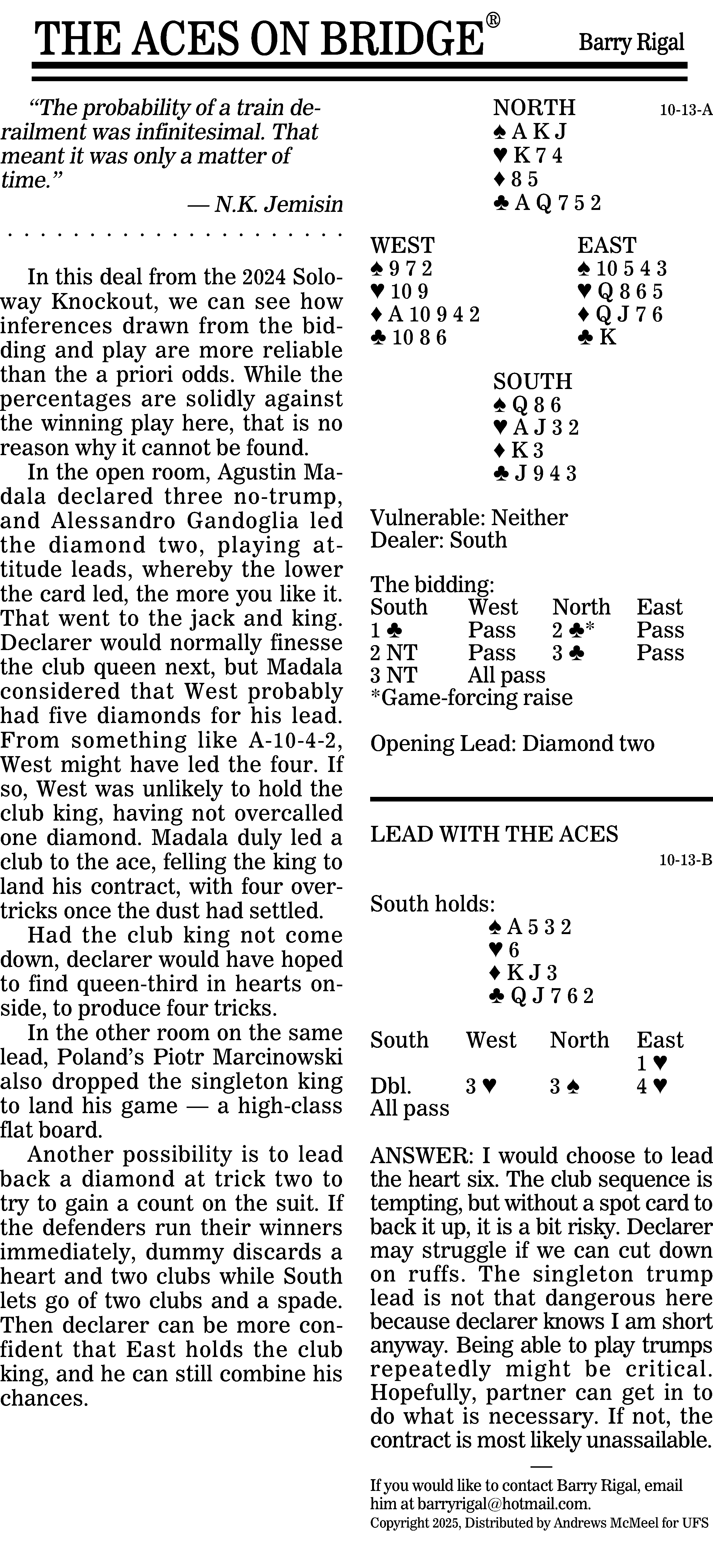 Aces on Bridge » Blog Archive » The Aces on Bridge: Monday, 10 November 2025