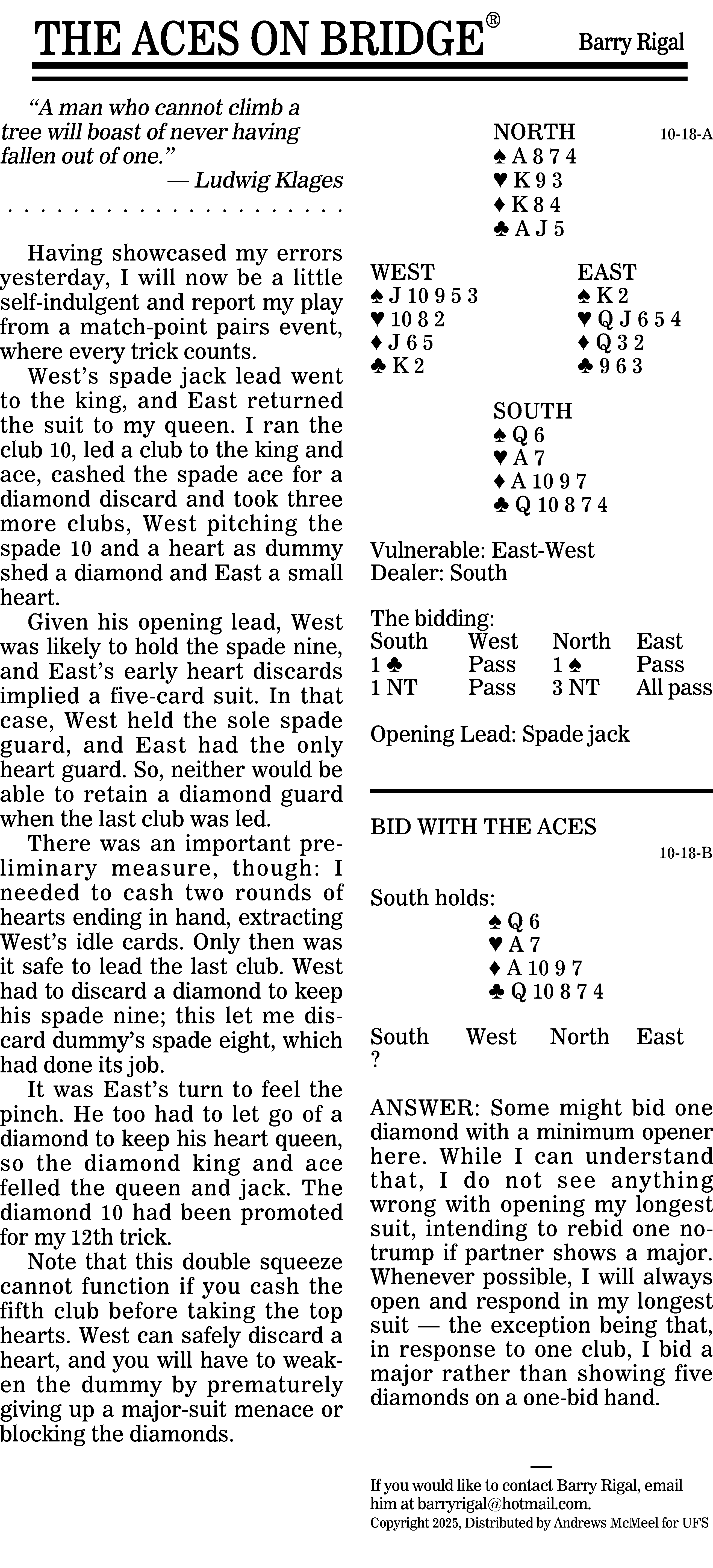 Aces on Bridge » Blog Archive » The Aces on Bridge: Saturday, 15 ...