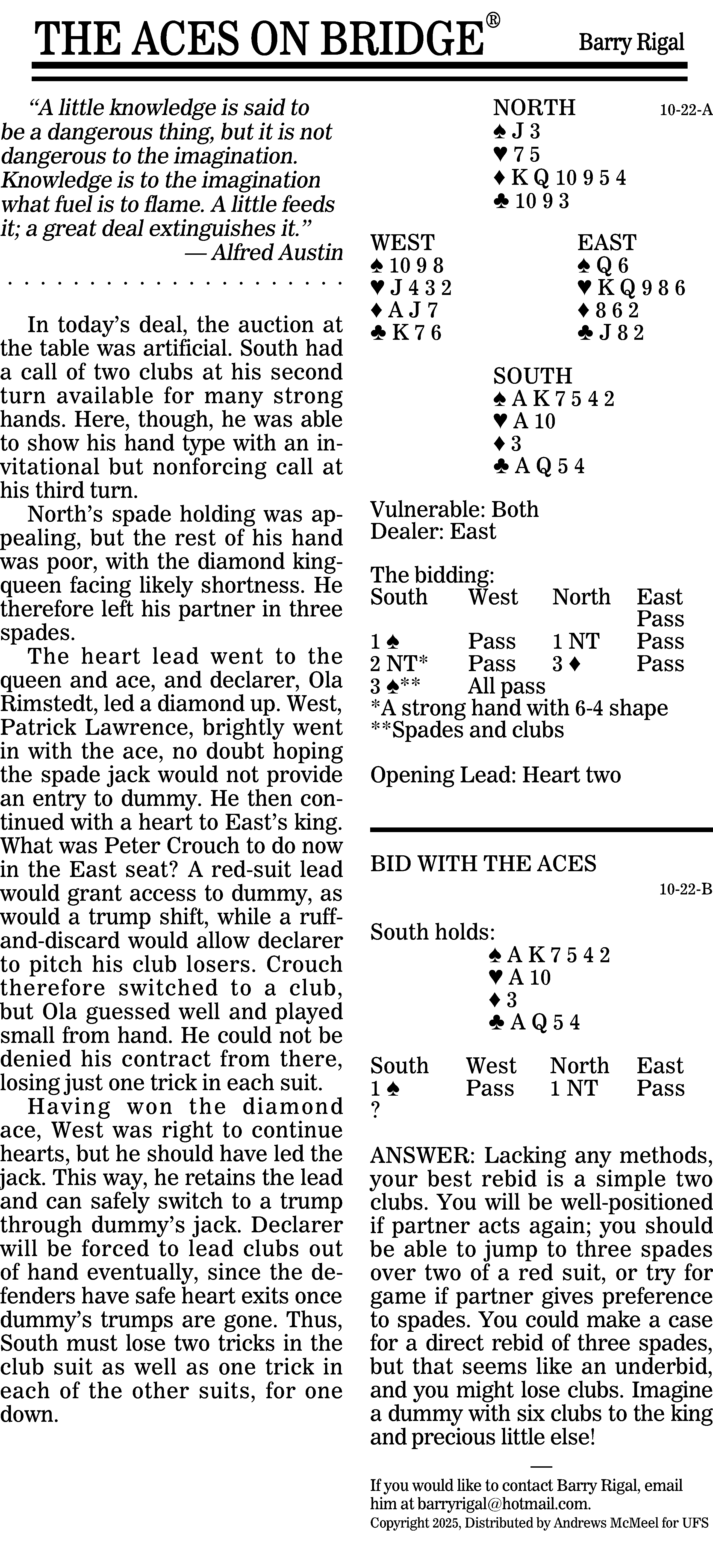 Aces on Bridge » Blog Archive » The Aces on Bridge: Wednesday, 19 November 2025