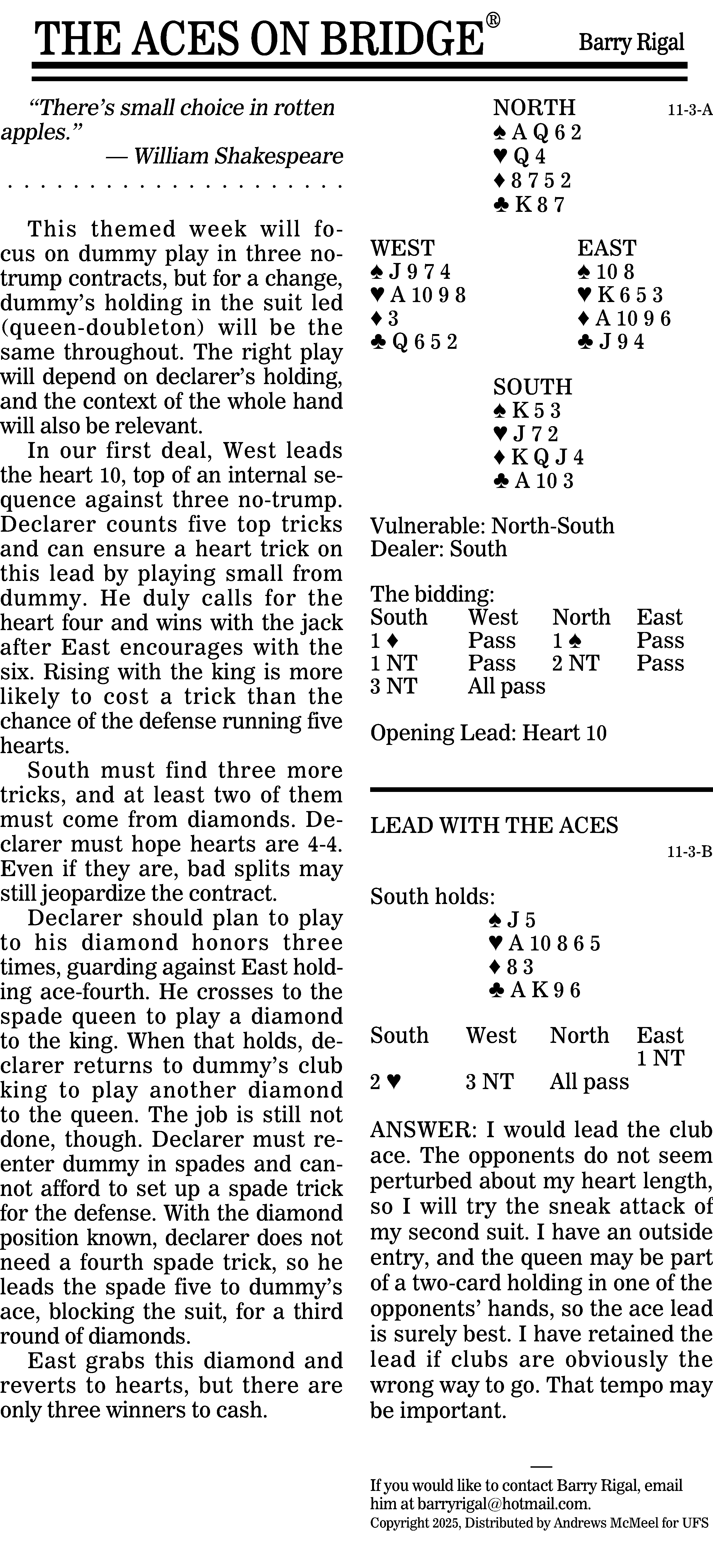 Aces on Bridge » Blog Archive » The Aces on Bridge: Monday, 1 December 2025
