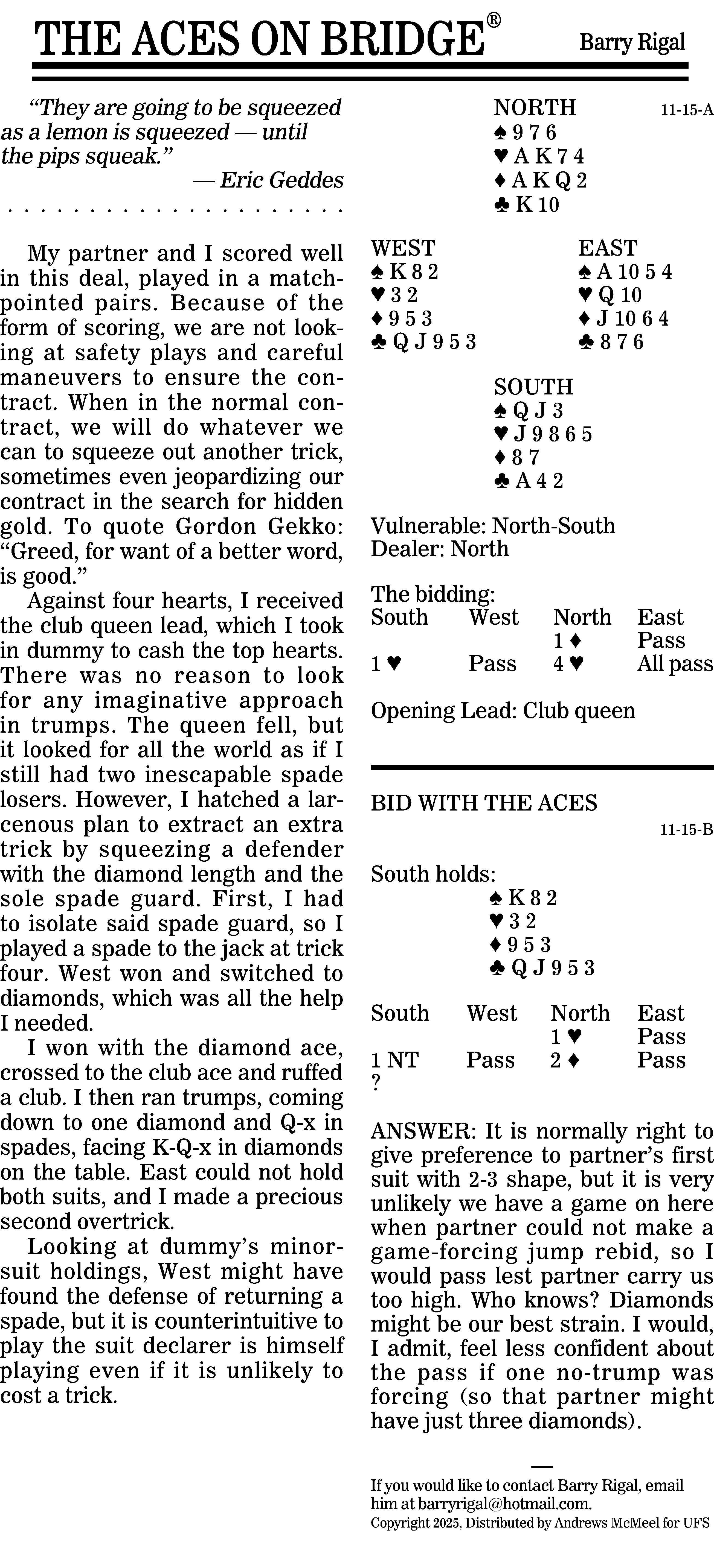 Aces on Bridge » Blog Archive » The Aces on Bridge: Saturday, 13 ...